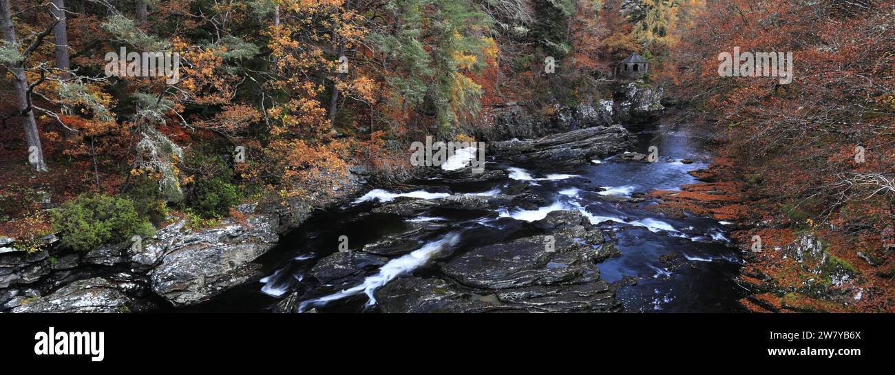 Autumn colours, the river Moriston falls, Invermoriston town, Highlands ...