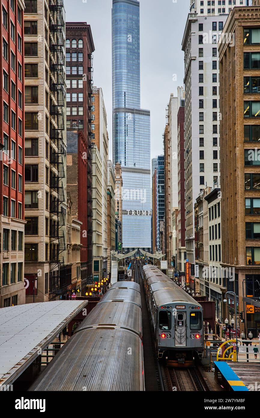 Elevated Trains and Skyscraper in Urban Chicago, Eye-Level View Stock ...