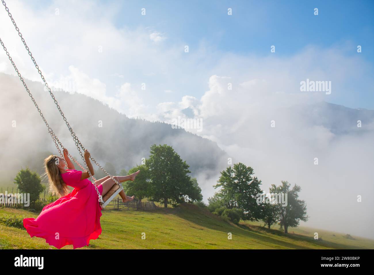 Dance of joy in the air by a girl in a pink dress on a swing Stock ...