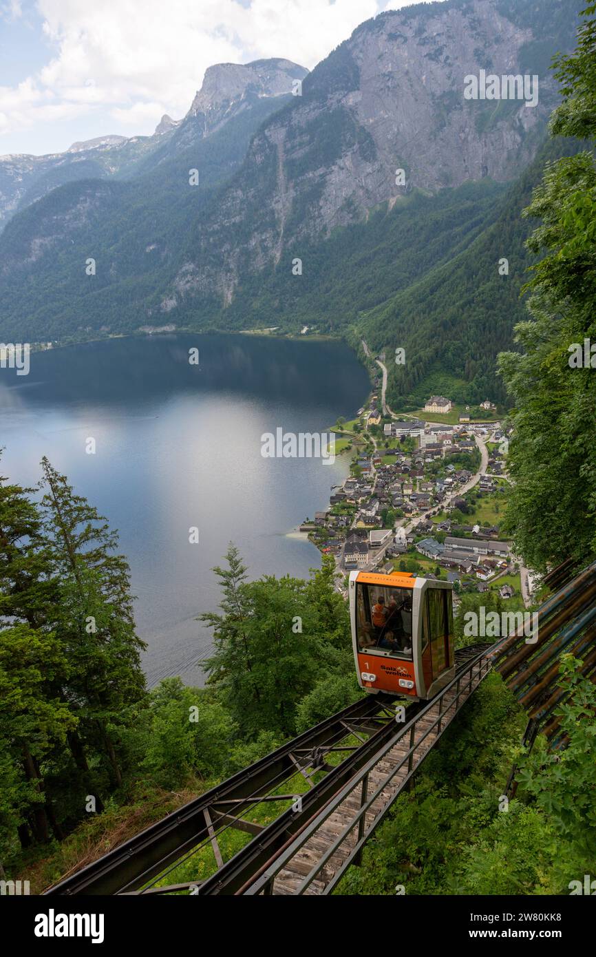 Hallstatt, Austria - June 17, 2023: Funicular trailer with tourists on ...