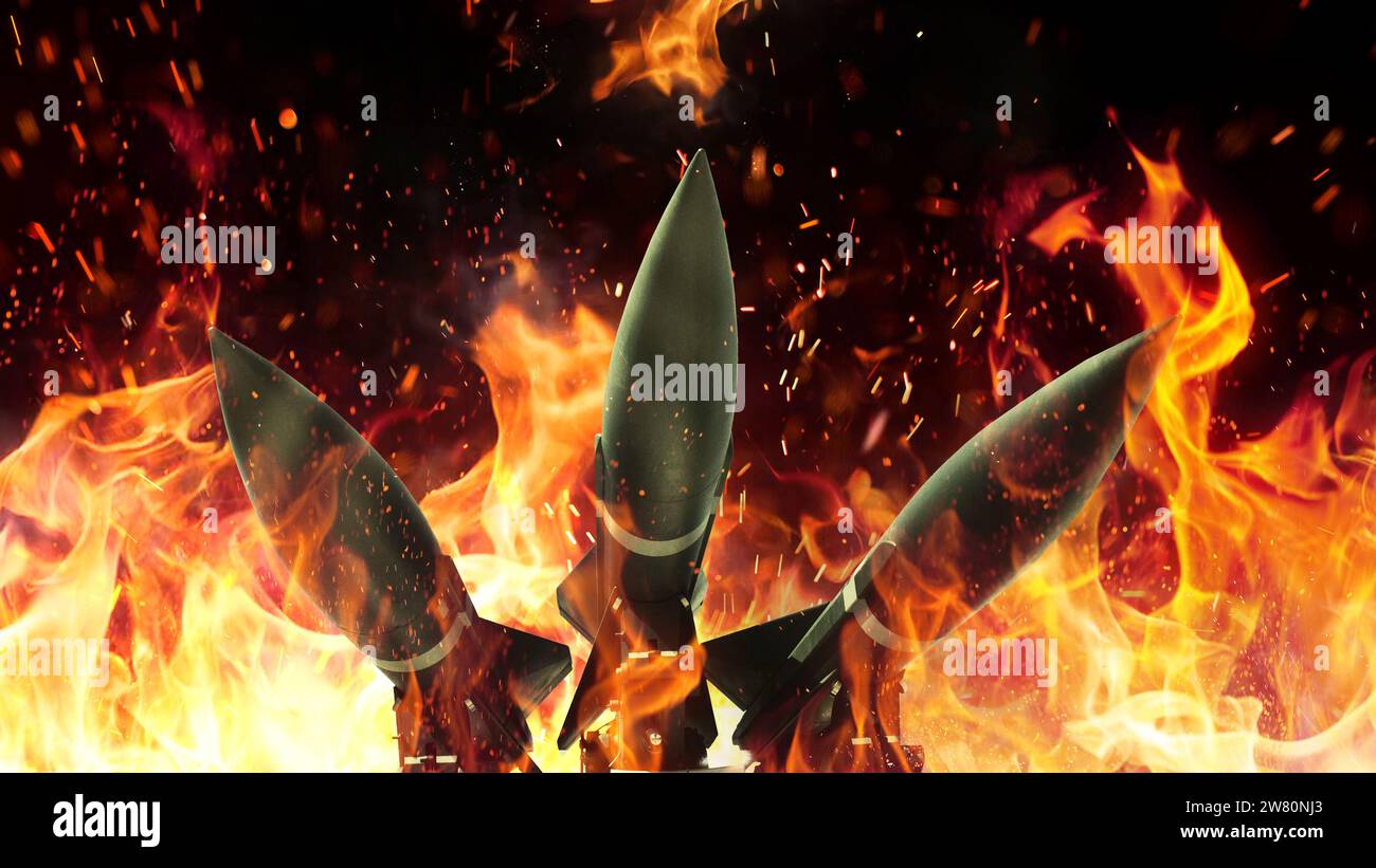 Rockets Weapons With Fire On A Black Background, Concept. War And Death ...