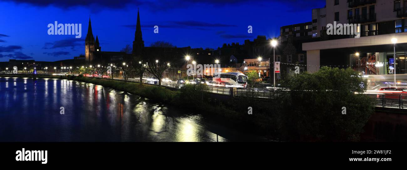 Night view along the River Ness in Inverness city, Scotland, UK Stock ...