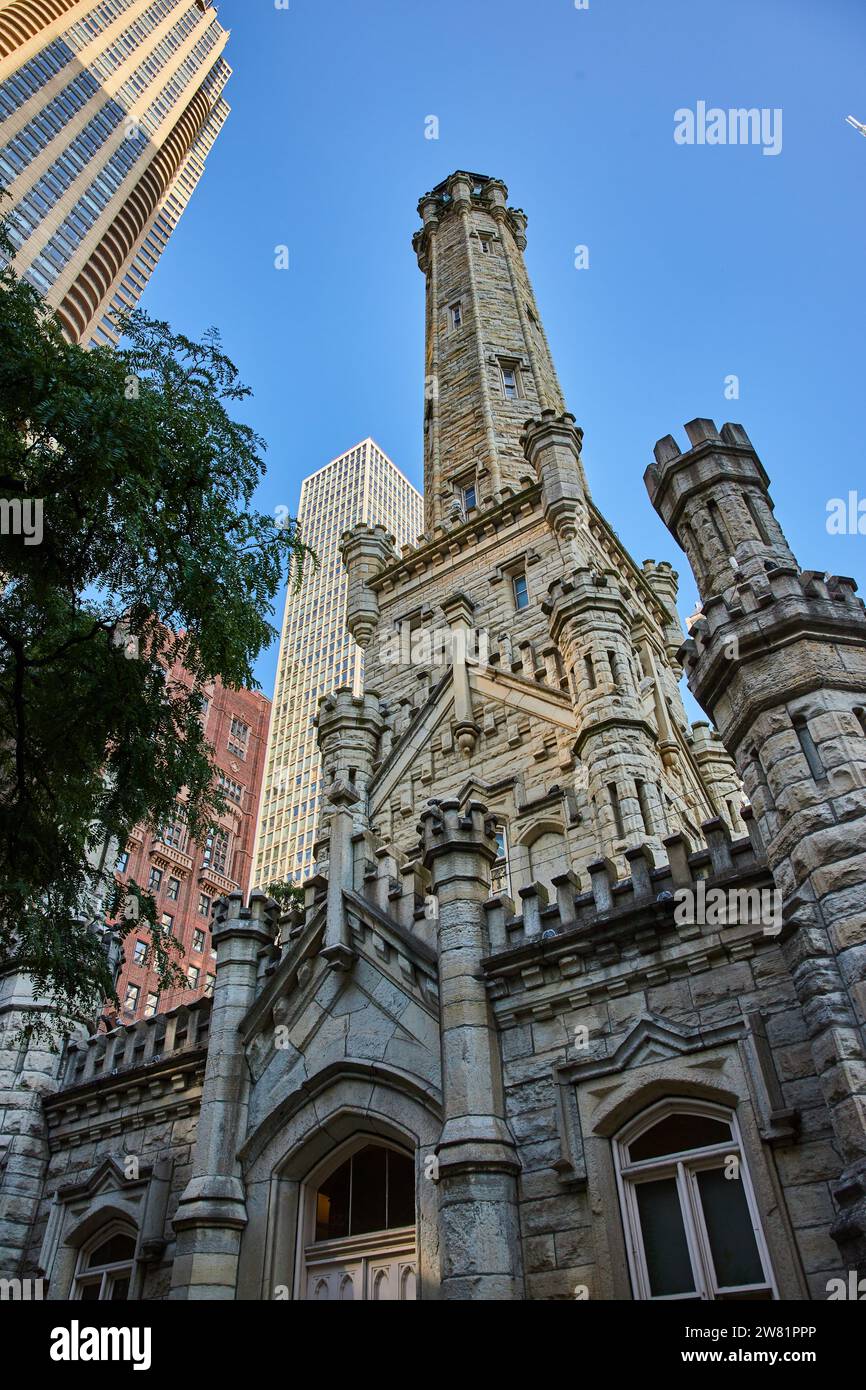 Old, historic, original Chicago city water tower building with castle ...
