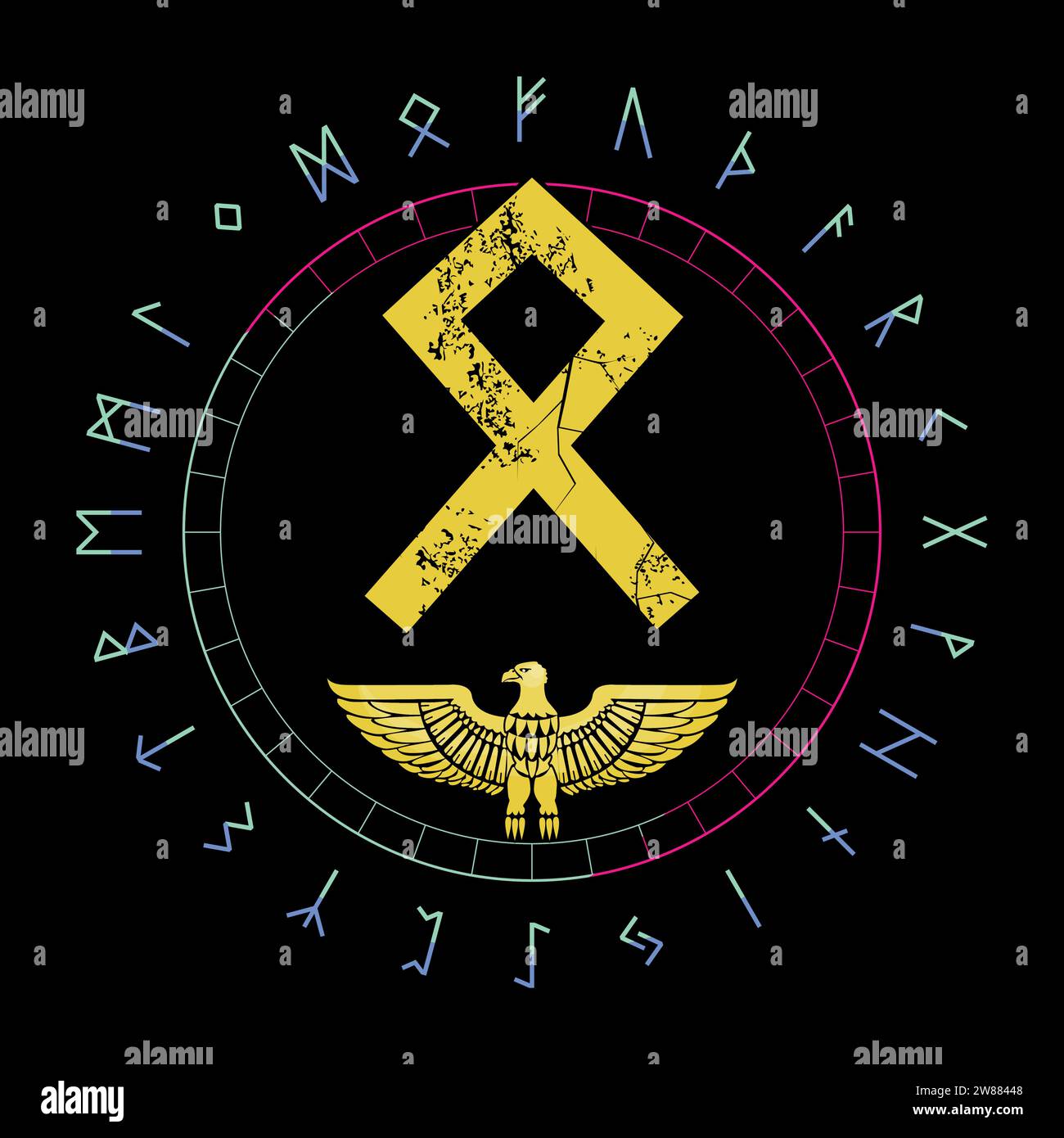 Viking alphabet t-shirt design with a golden bird. Runic letter called ...