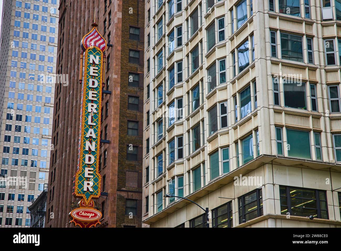 Nederlander sign on side of skyscraper building on gloomy day, Chicago ...