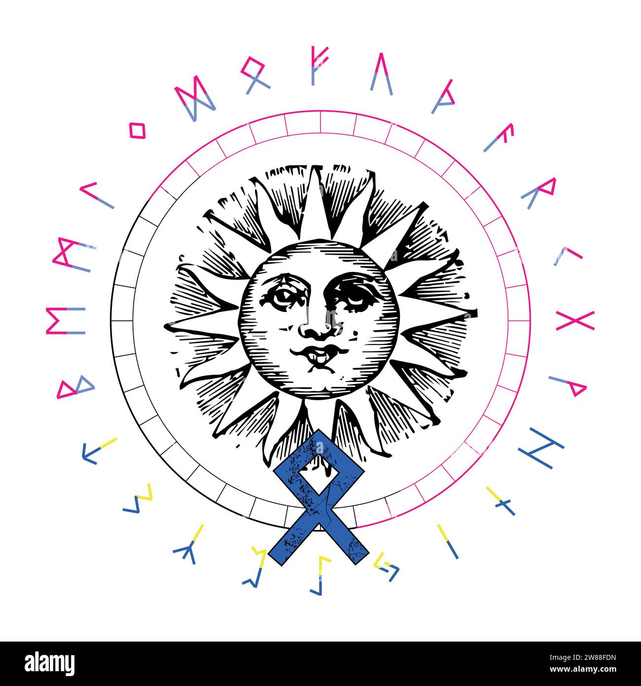 T-shirt design of the sun surrounded by runic alphabet. Viking letter ...