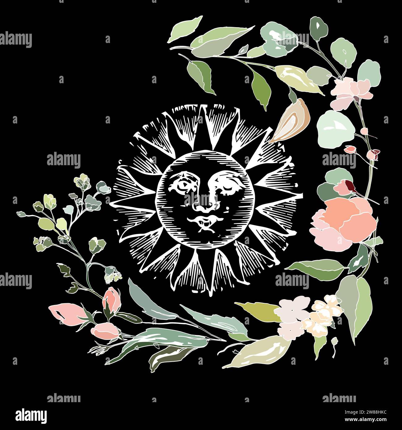 T-shirt design of the sun surrounded by a bouquet of wild flowers on a ...