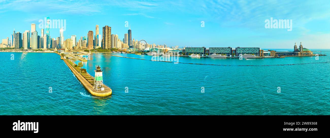 Aerial Chicago Skyline with Lighthouse and Navy Pier Panorama Stock ...