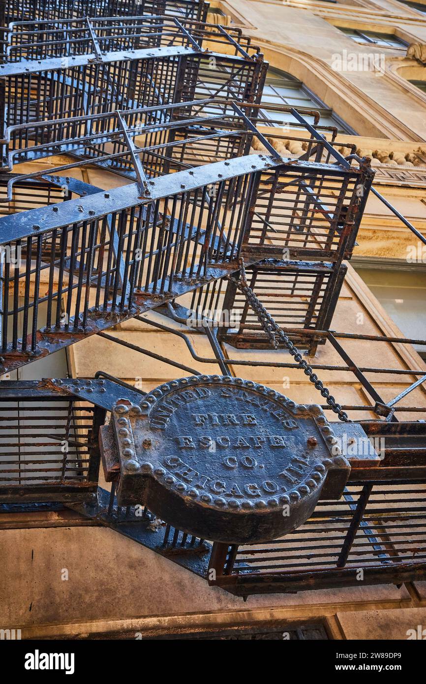 Fire escape for Chicago Illinois with black rusting metal, upward view ...