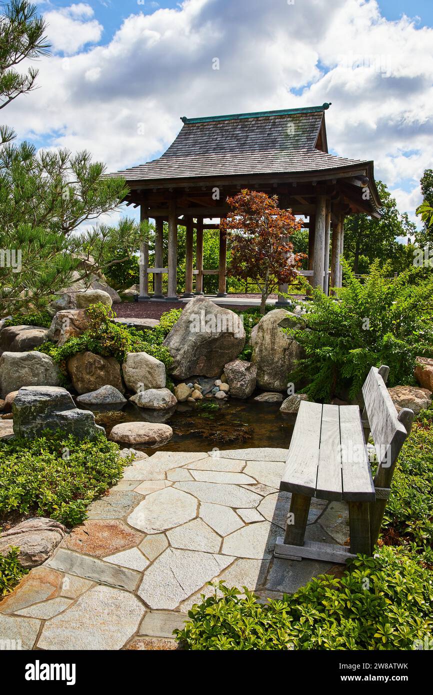 Serene Japanese Garden Gazebo with Reflection Pond and Stone Path Stock ...