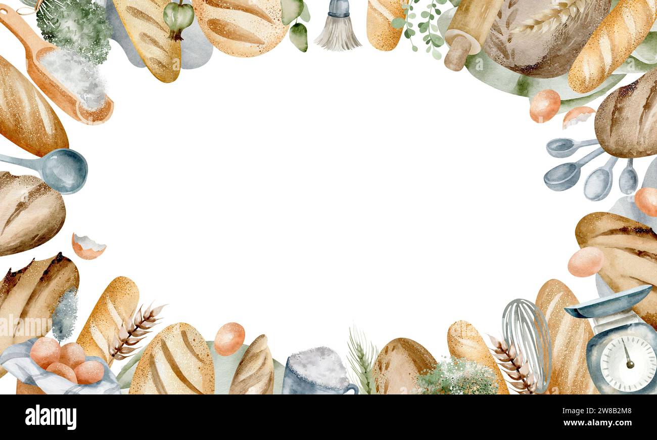 A hand-painted watercolor border featuring a loaf of bread, eggs, and ...