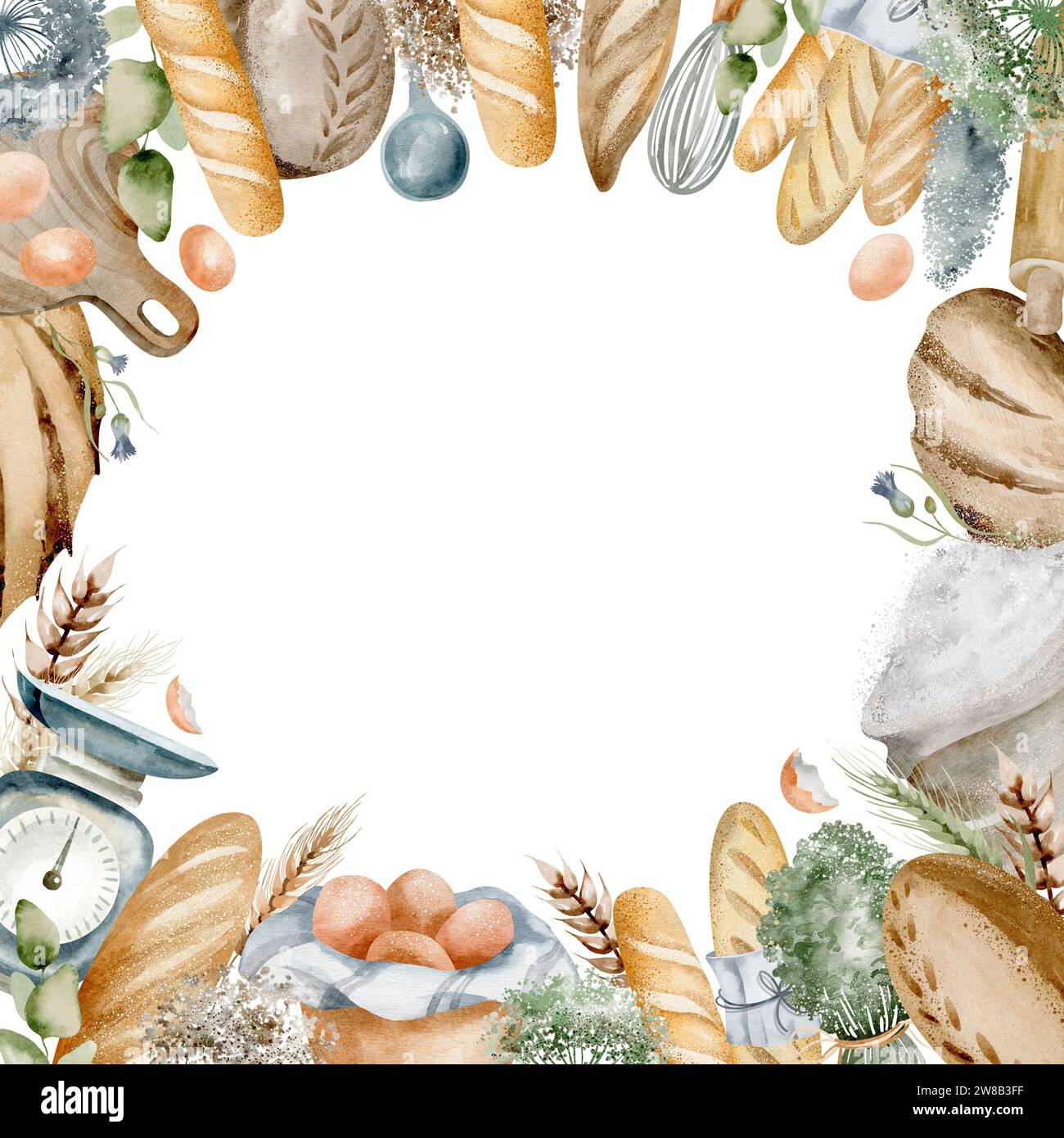 A charming rustic watercolor border filled with freshly baked bread ...
