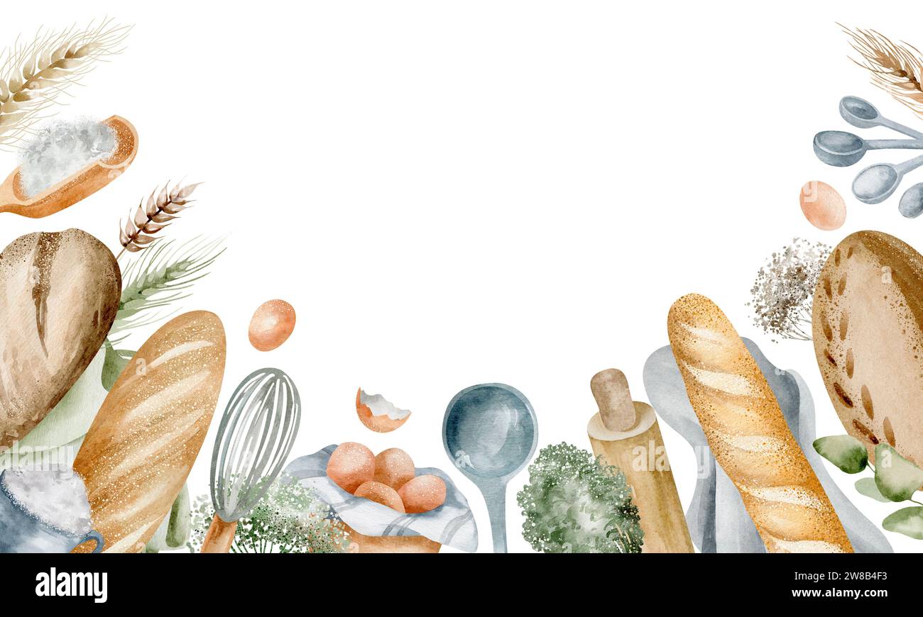 Watercolor background with place for text. Cooking with a rustic loaf ...