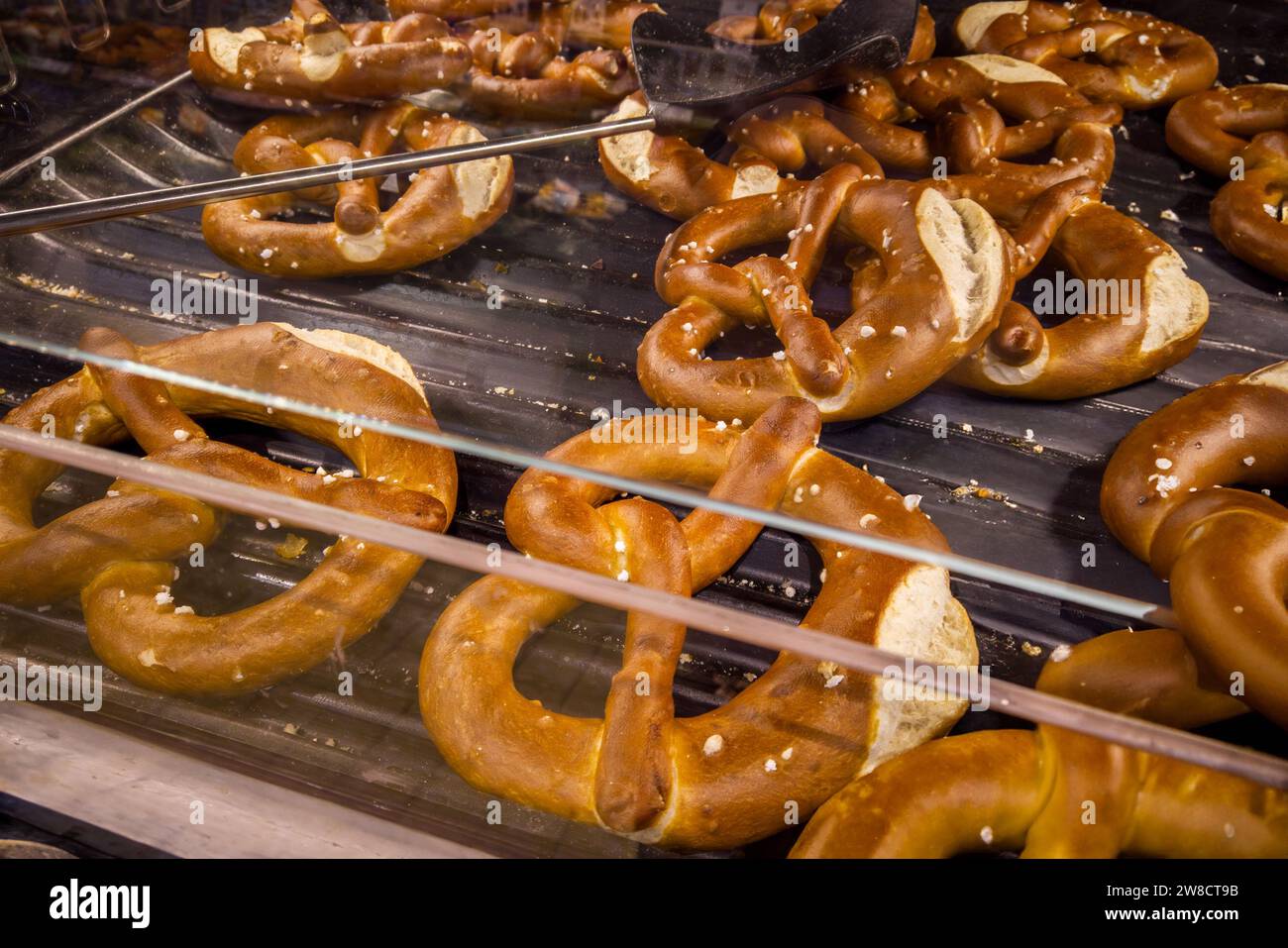 Bretzel displayed for sale in self-service window in supermarket ...