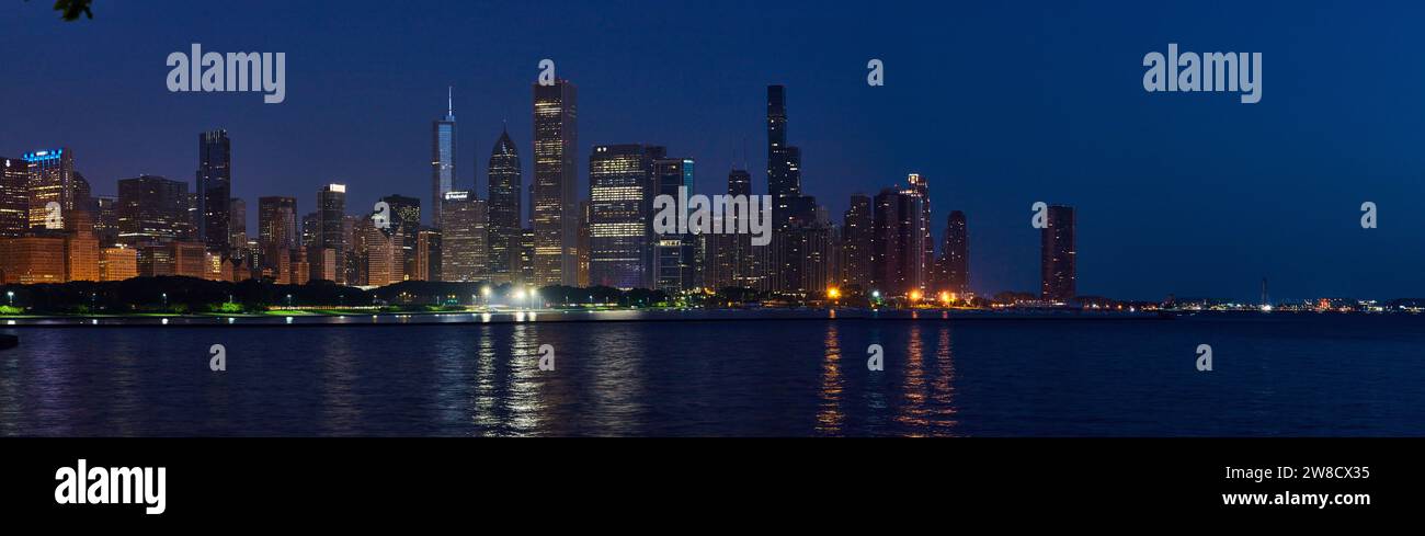 Chicago Skyline at Blue Hour with Lake Michigan Reflection Panorama ...