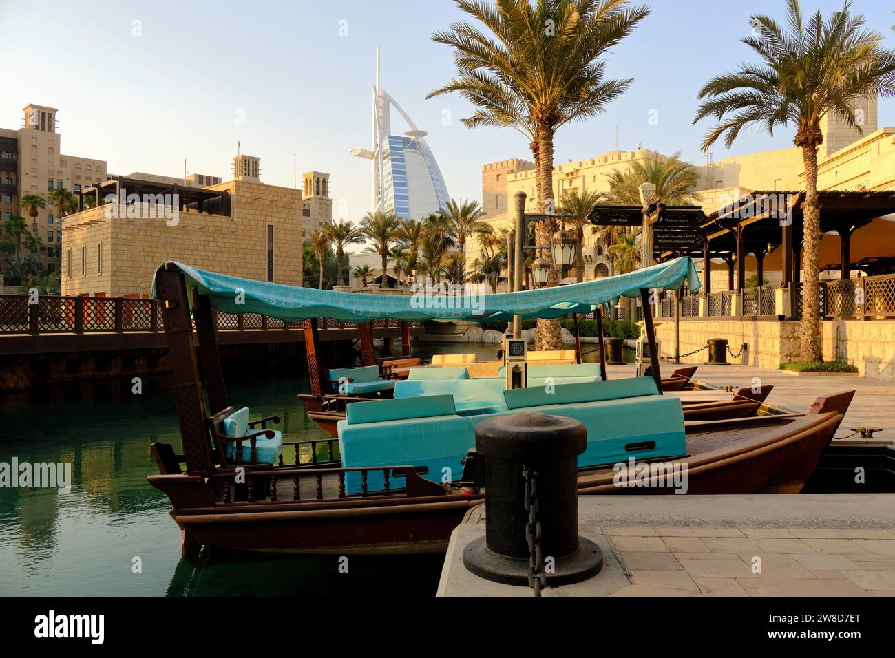 View of canal and taxi boats at Souk Madinat Jumeirah and Burj Al Arab ...