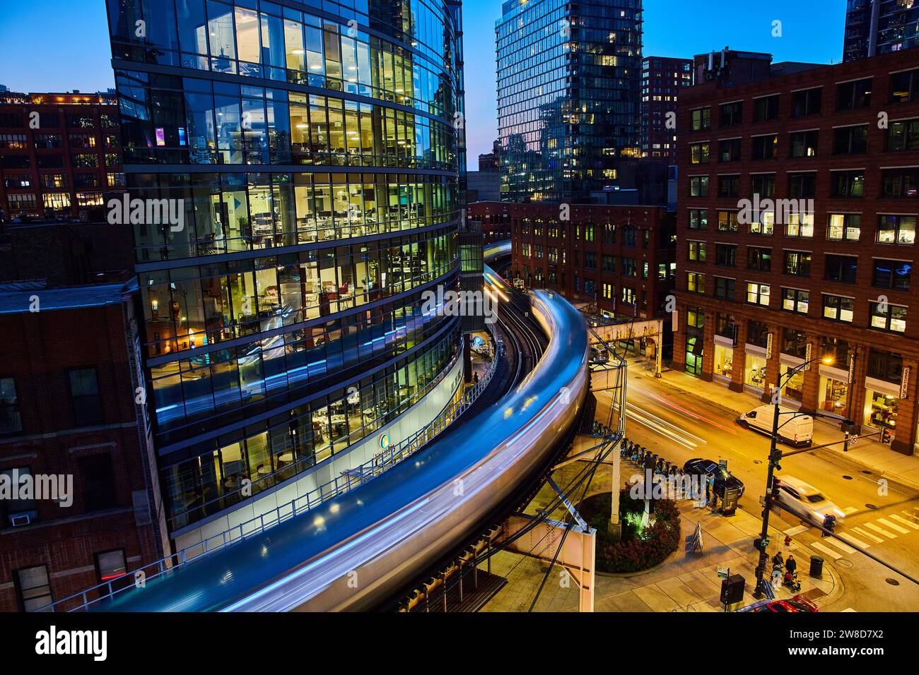 Chicago Urban Nightscape with Train Light Streak and Architecture Stock ...