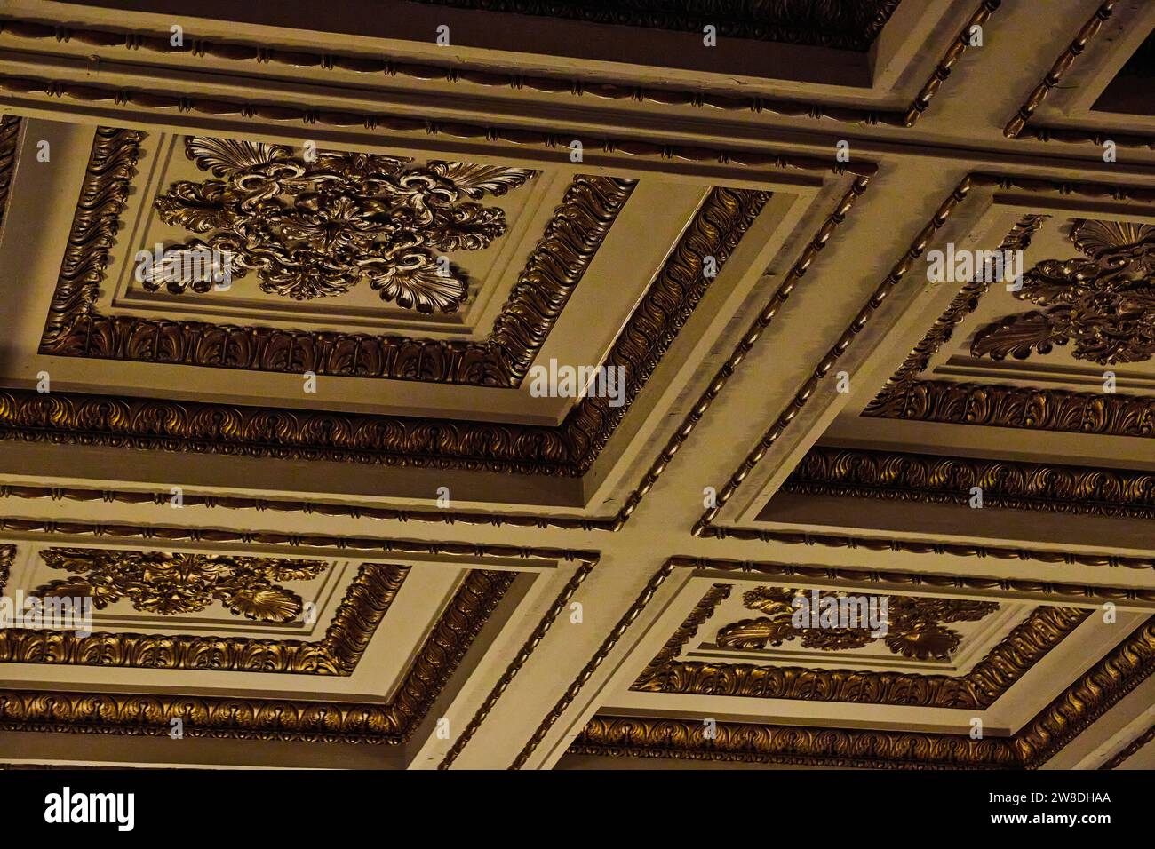 Golden ceiling architecture, elaborate interior décor with ornate metal ...