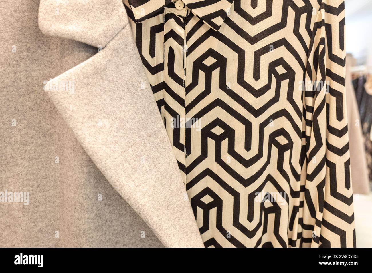 pressed wool coat and a blouse with geometric decoration hanging in a ...