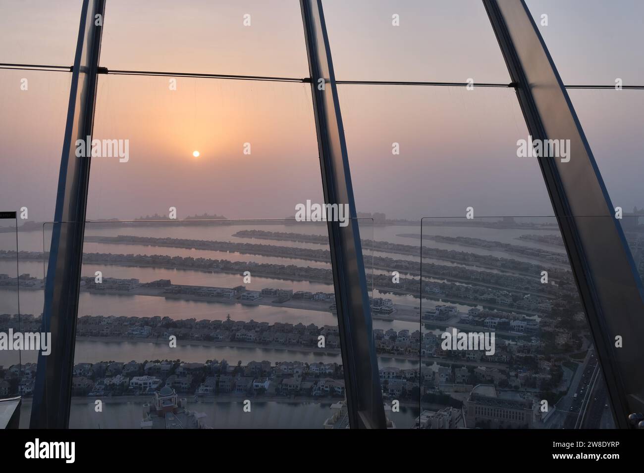 Panoramic sunset view of Palm Jumeirah from The View at the Palm, Dubai ...