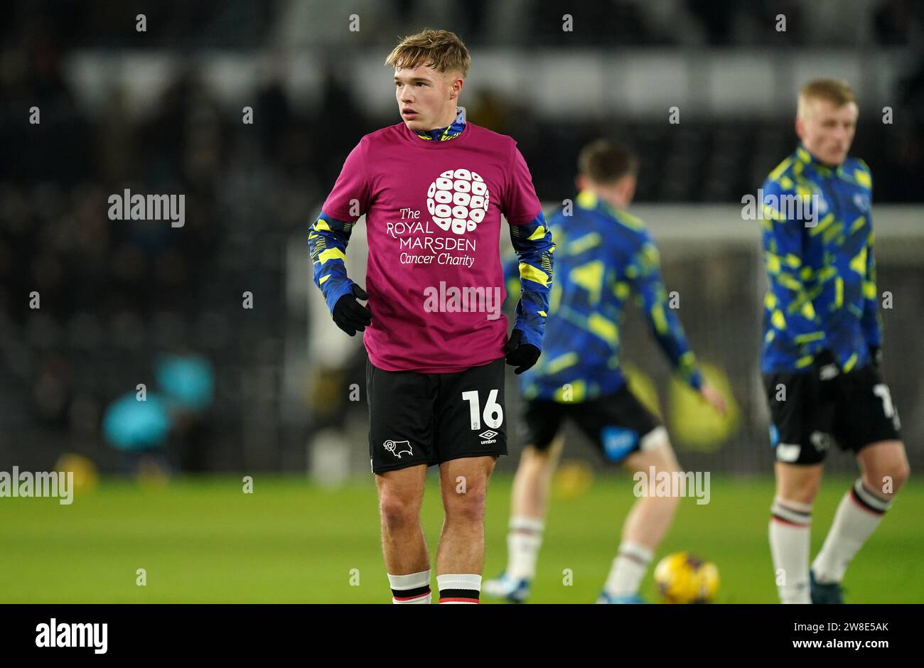 Derby County's Liam Thompson warming up wearing a t-shirt supporting ...