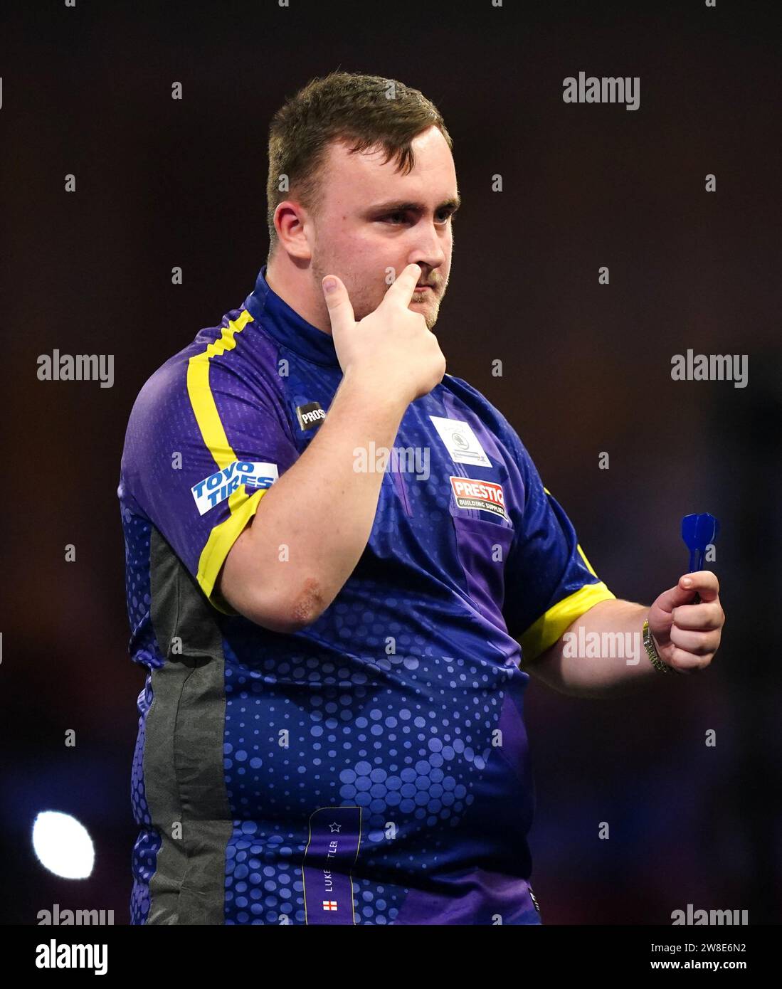 Luke Littler reacts during his match against Andrew Gilding (not ...
