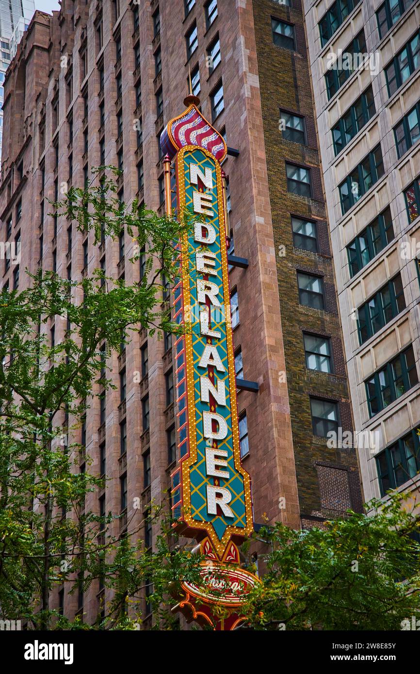 Nederlander sign on side of brown skyscraper building on gloomy day ...
