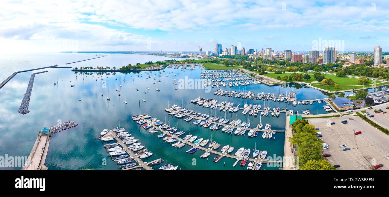 Aerial View of Marina with Boats and Urban Skyline, Milwaukee Panorama ...