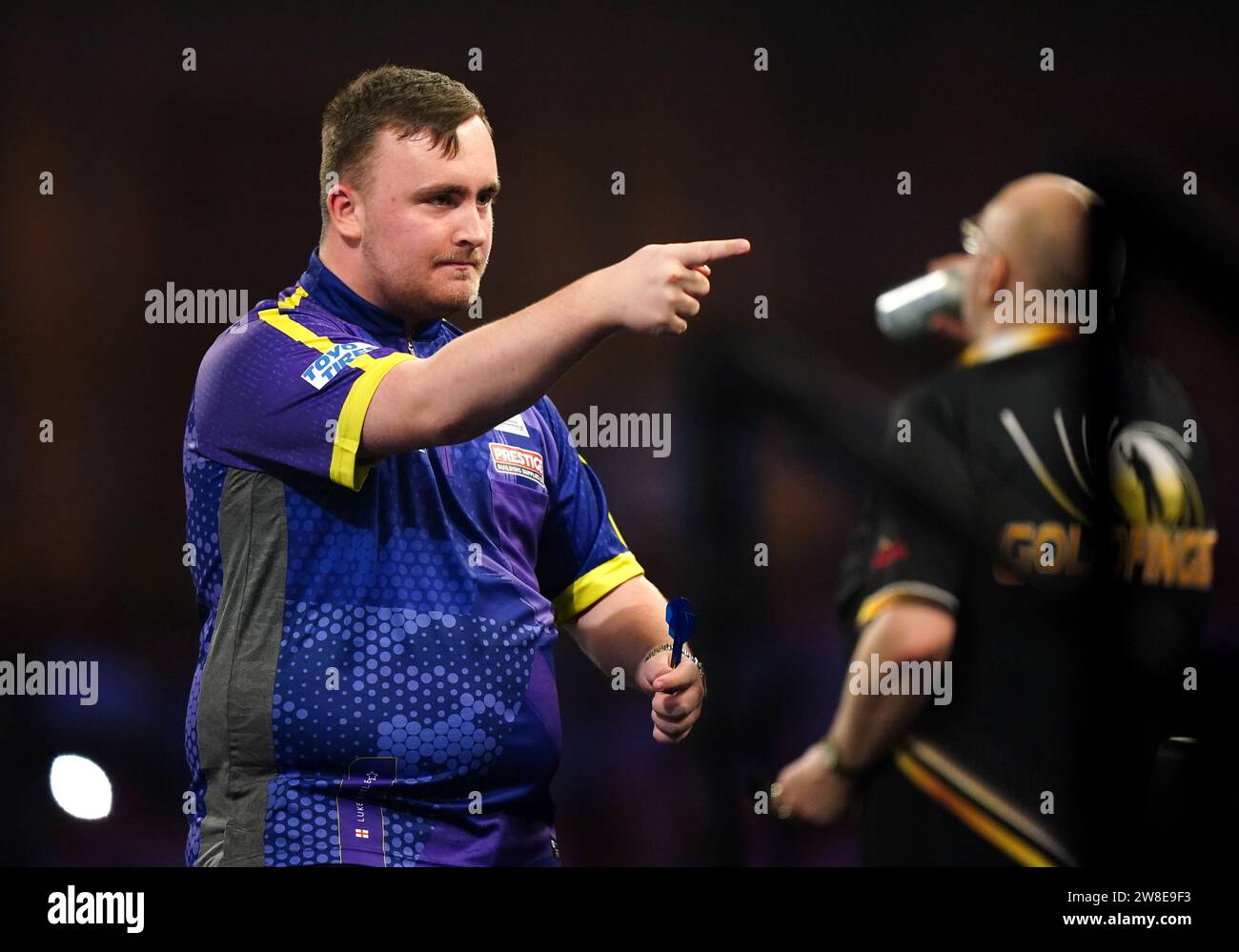 Luke Littler reacts during his match against Andrew Gilding (not ...