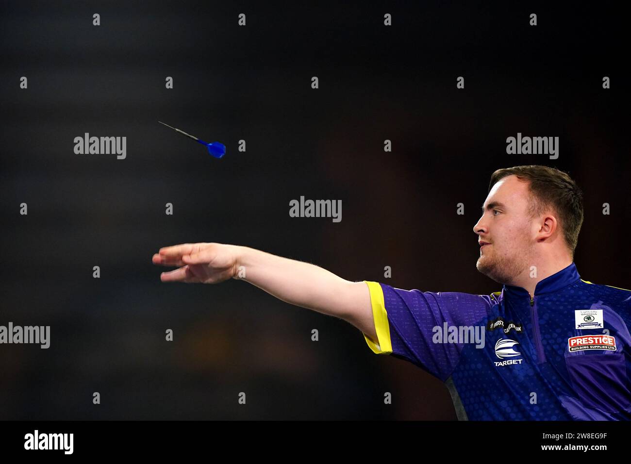 Luke Littler in action against Andrew Gilding (not pictured) on day ...