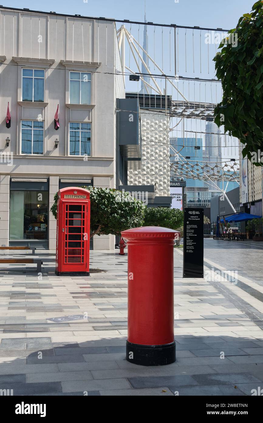 Iconic red UK telephone booth and post box in City Walk promenade at d3 ...