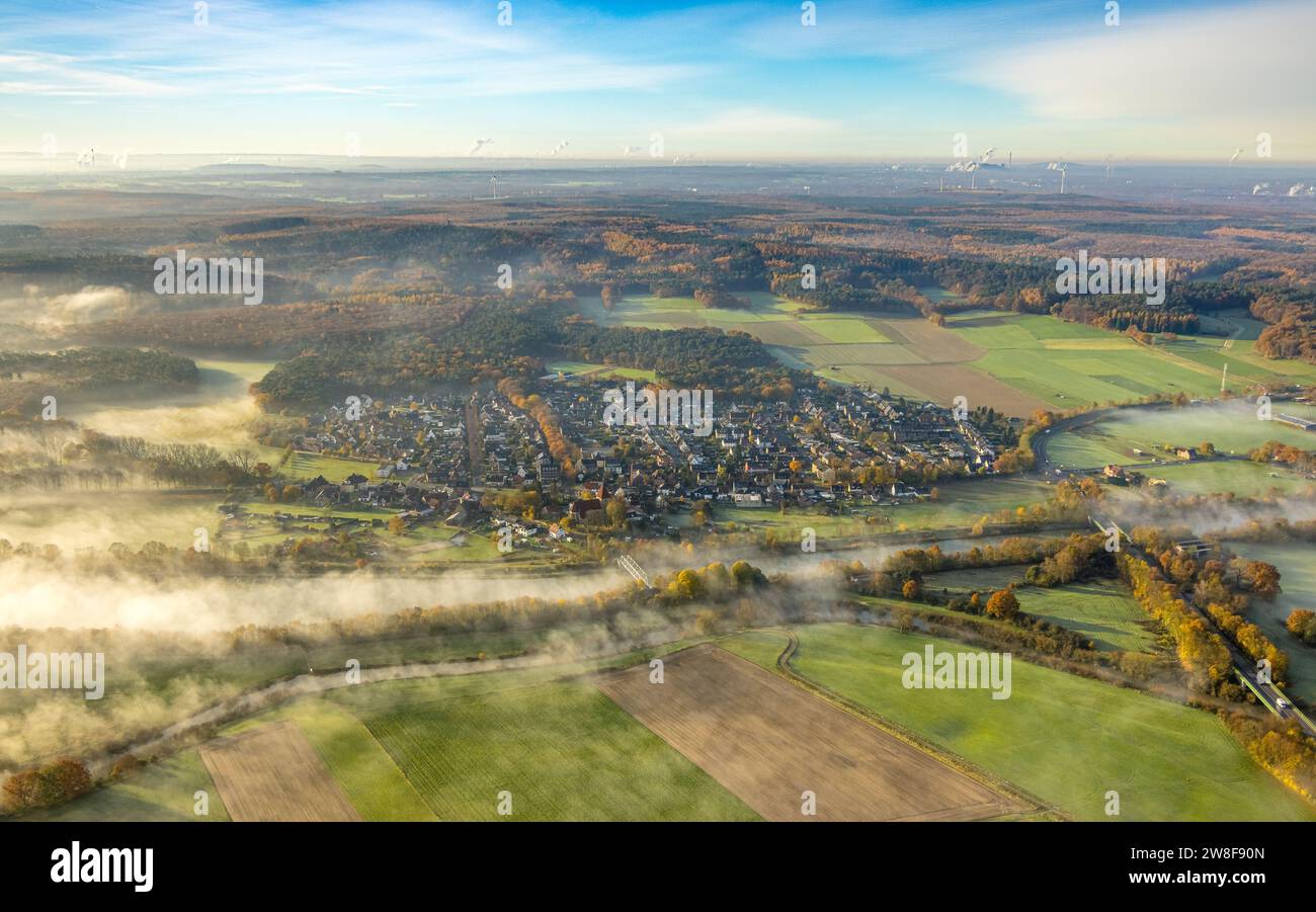 Aerial view, fog over the village Flaesheim at the Wesel-Datteln canal ...
