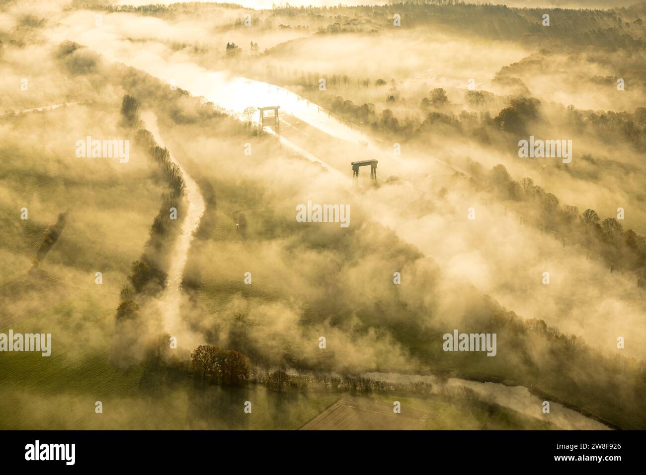 Aerial view, fog over the Flaesheim lock on the Wesel-Datteln Canal and ...