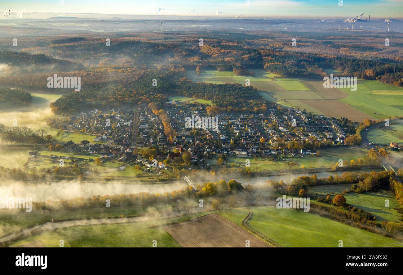 Aerial view, fog over the village Flaesheim at the Wesel-Datteln canal ...