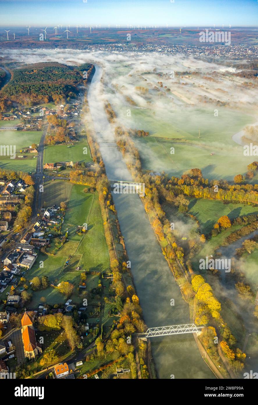 Aerial view, clouds of fog over the Haltern waterworks and the river Lippe, between the Wesel ...