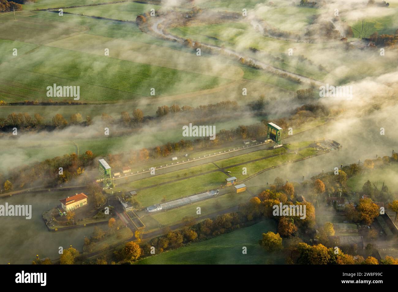 Aerial view, fog over the Flaesheim lock on the Wesel-Datteln Canal and ...