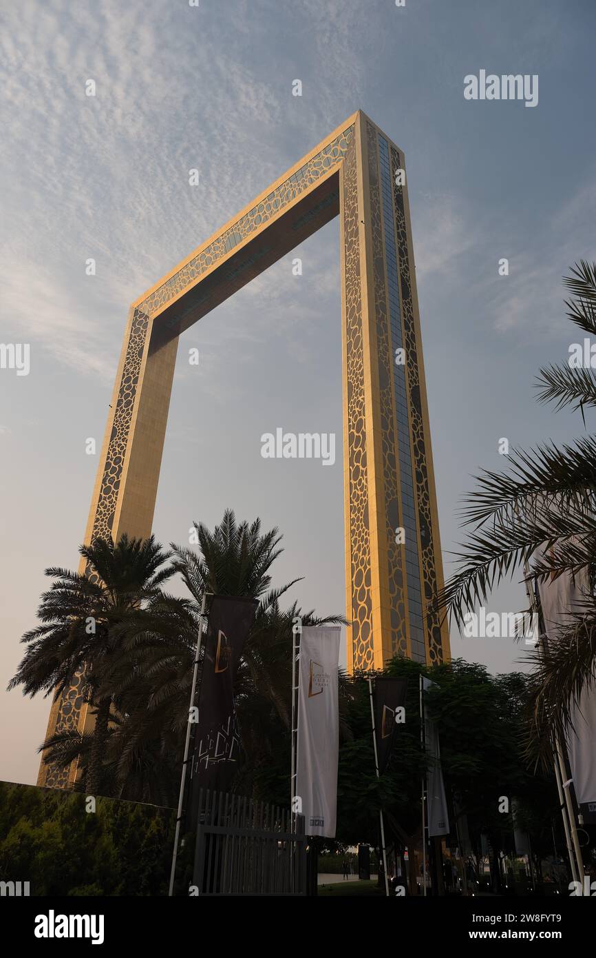 Ground view of the magnificent ornate Dubai Frame in Dubai, UAE Stock ...