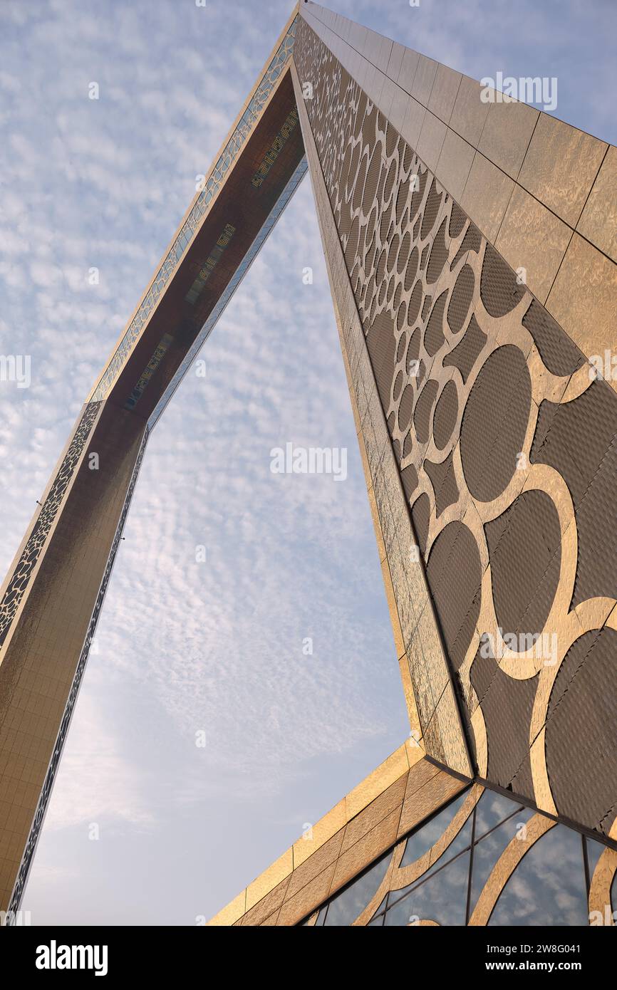 Ground view of the magnificent ornate Dubai Frame in Dubai, UAE Stock ...