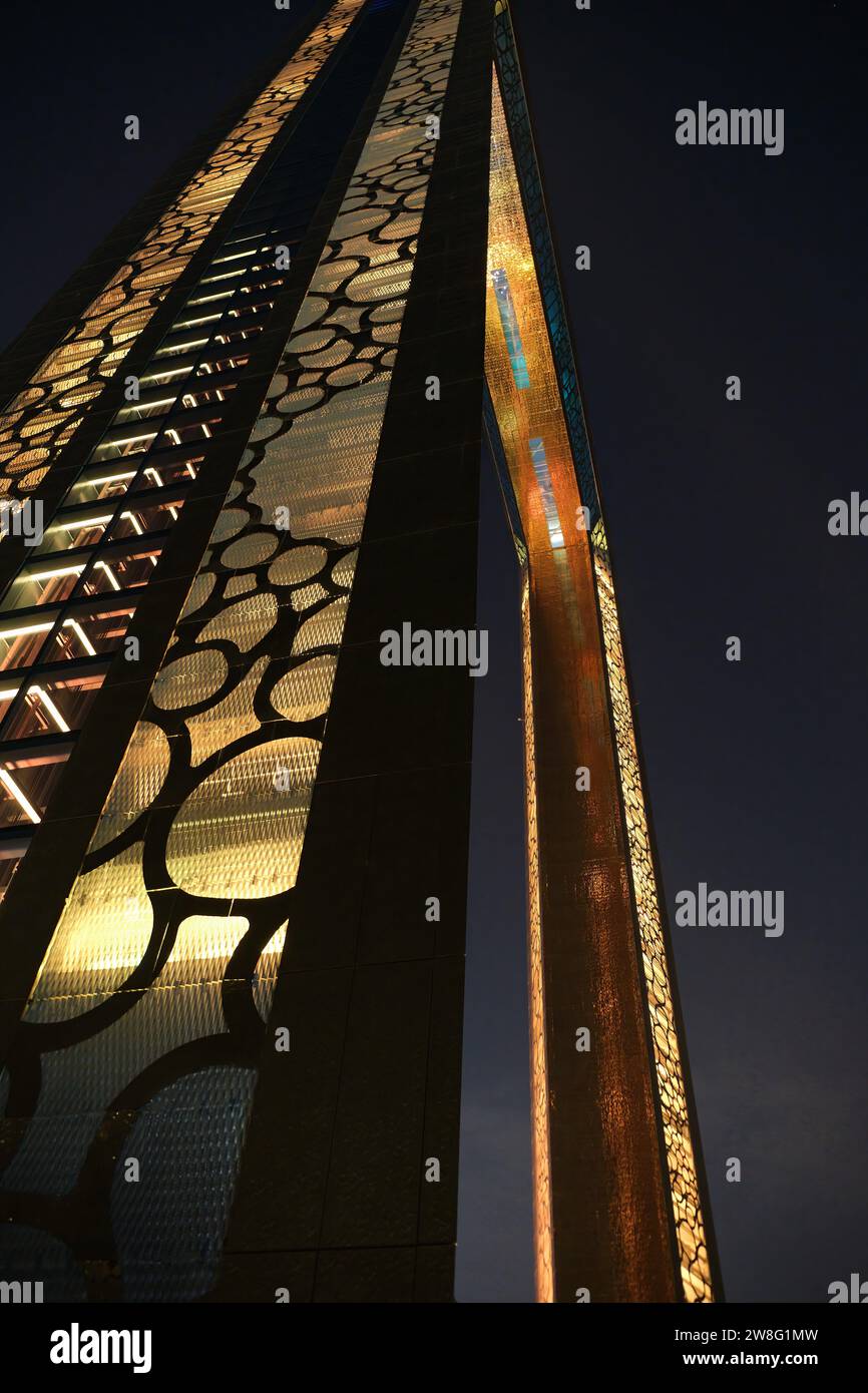 The illuminated Dubai Frame and viewing platform from ground level at ...
