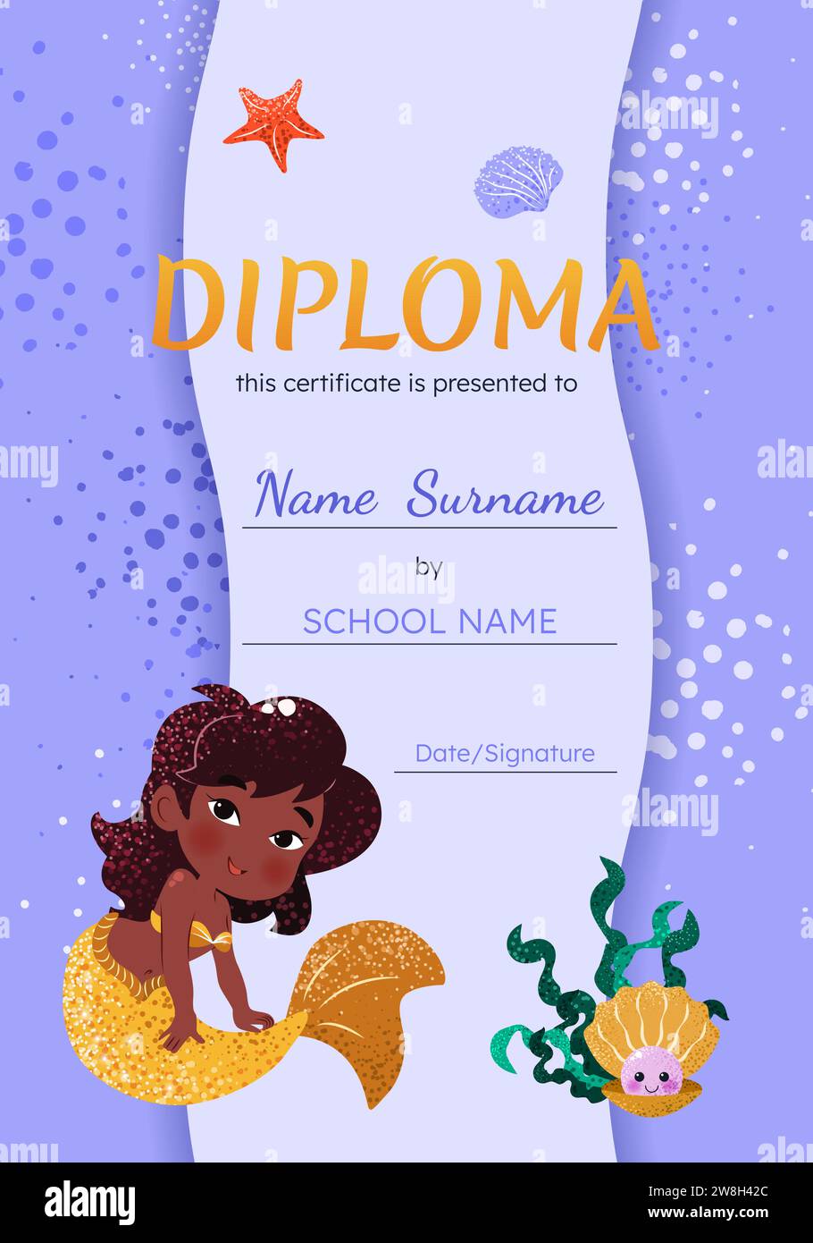 Diploma certificate template with cute mermaid for kids Stock Vector ...