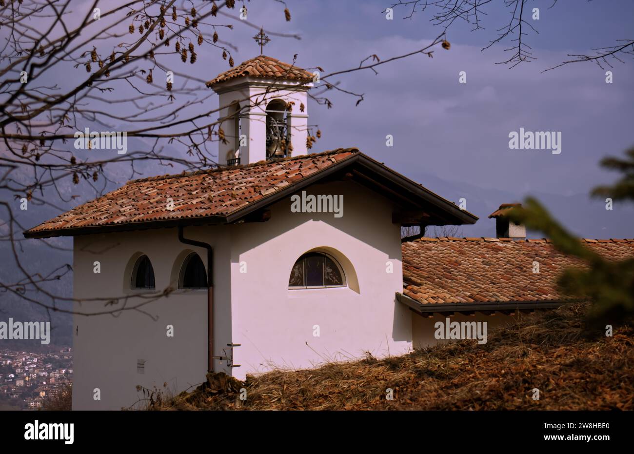 A small church on a mountain path that leads to the San Lucio refuge in ...