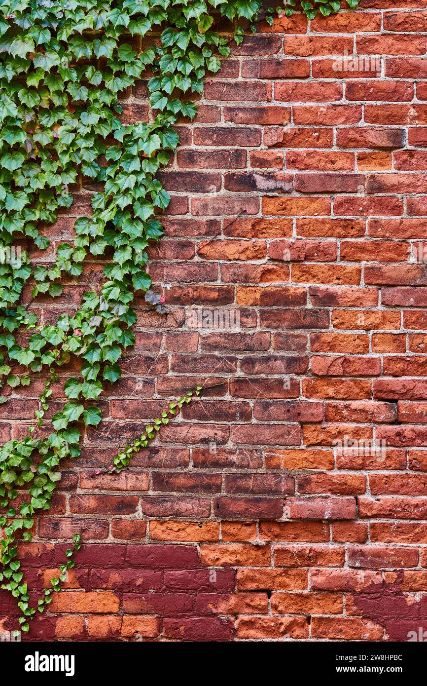 Aging red brick wall with lush green ivy vines, plant growing on left ...