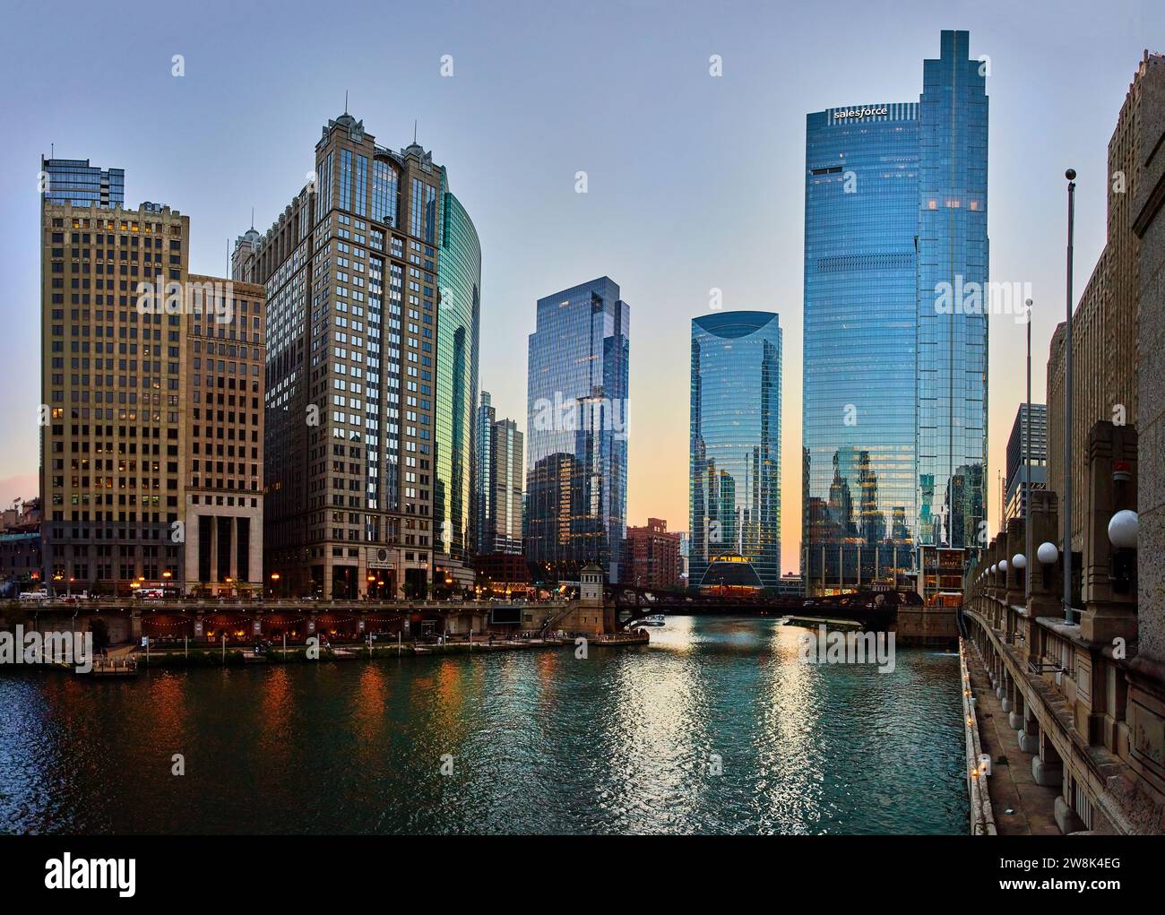 Chicago Waterfront Skyline at Golden Hour, River Reflections and Bridge ...