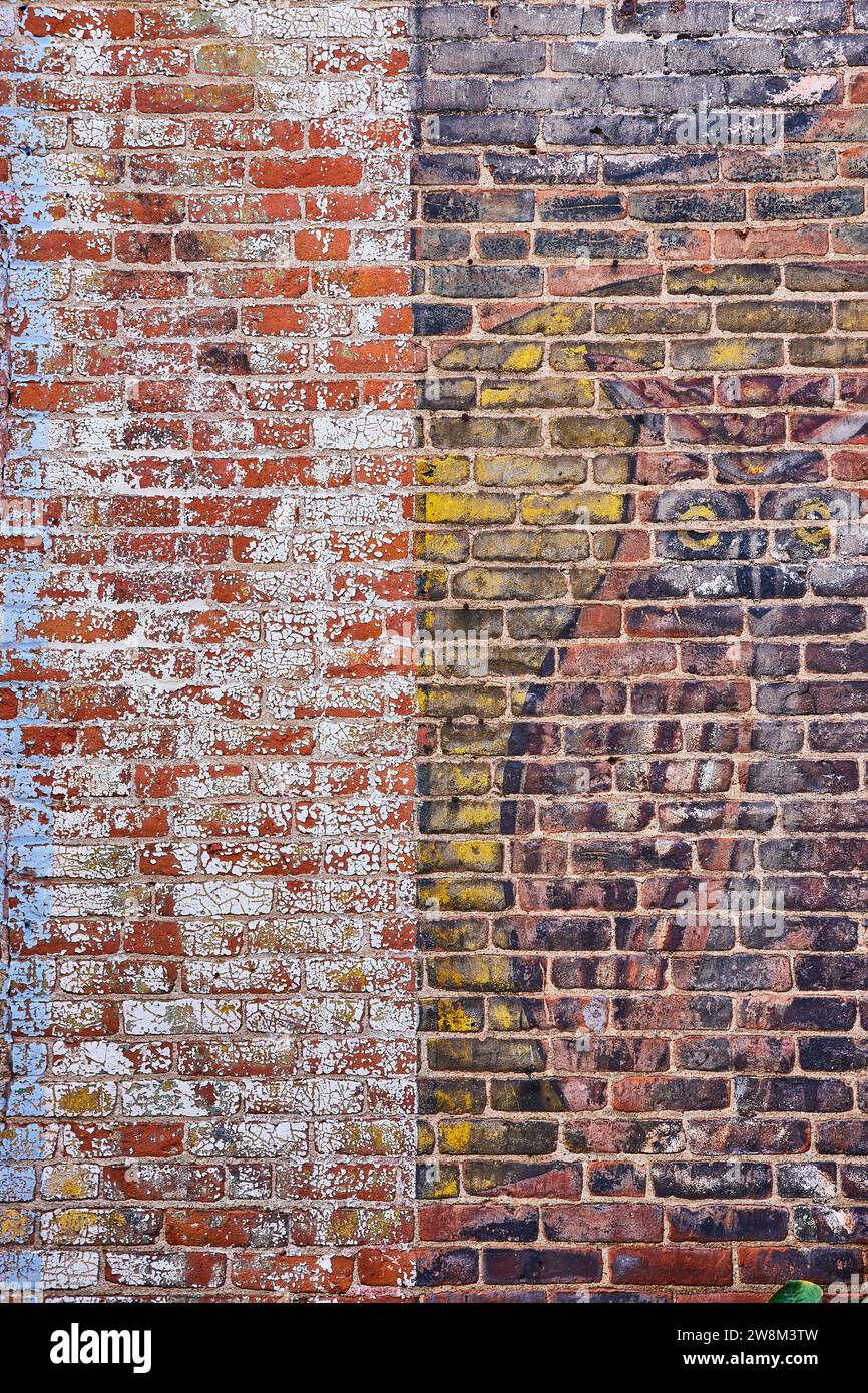 Split red brick wall with owl mural on right, white paint flecks on ...
