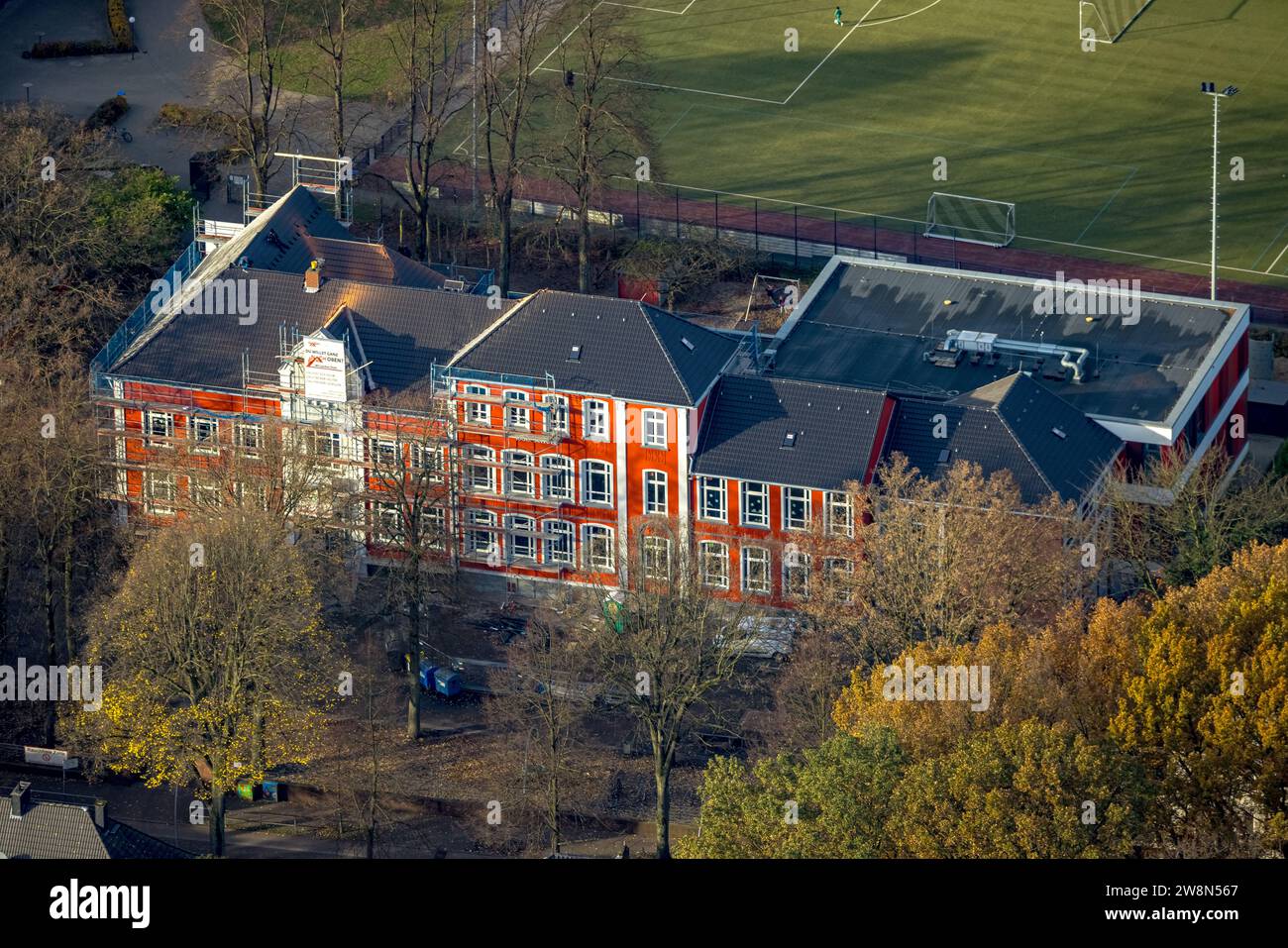 Aerial view, Josefschule catholic elementary school at the soccer field ...