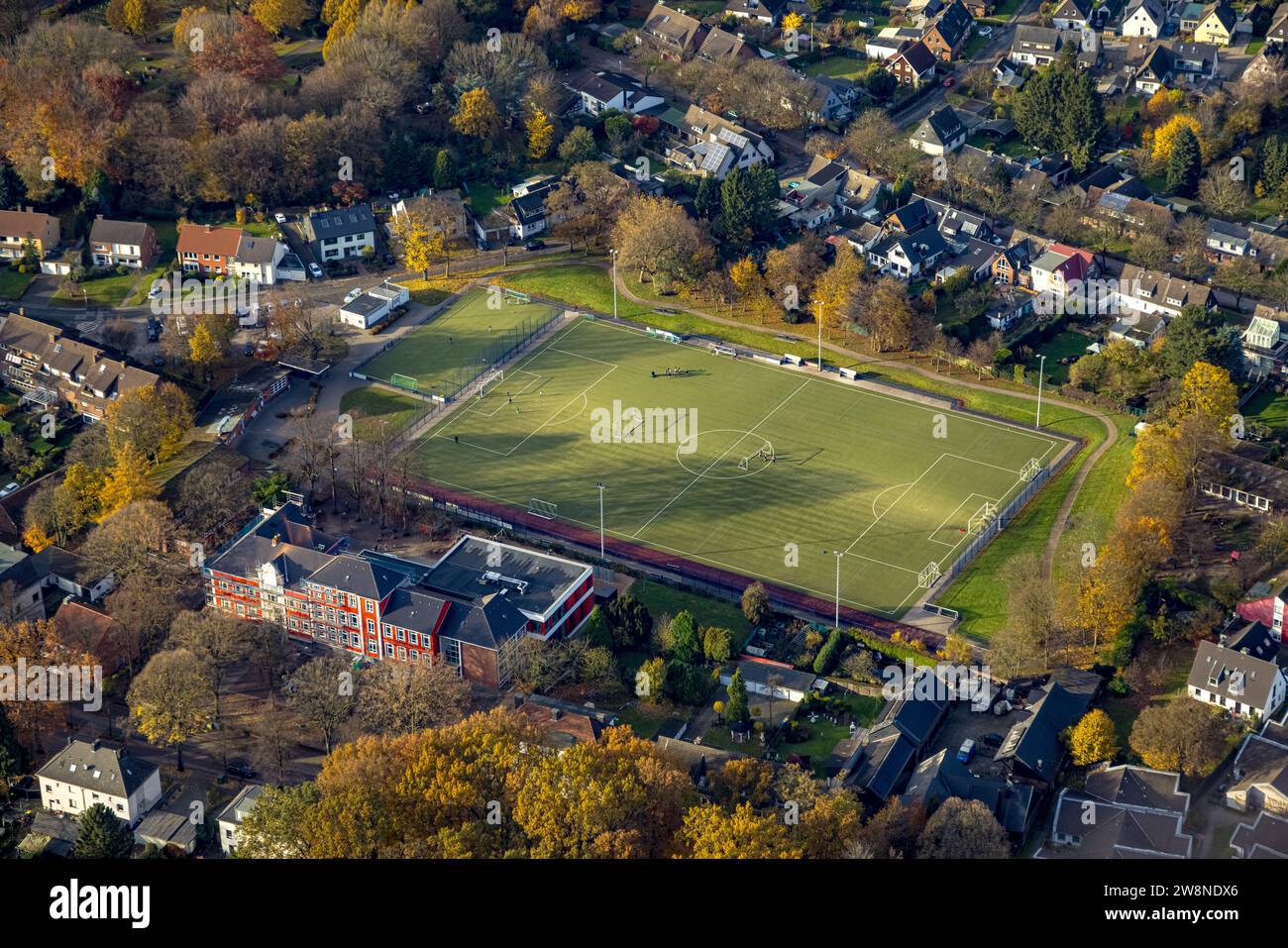 Aerial view, Josefschule catholic elementary school at the soccer field ...