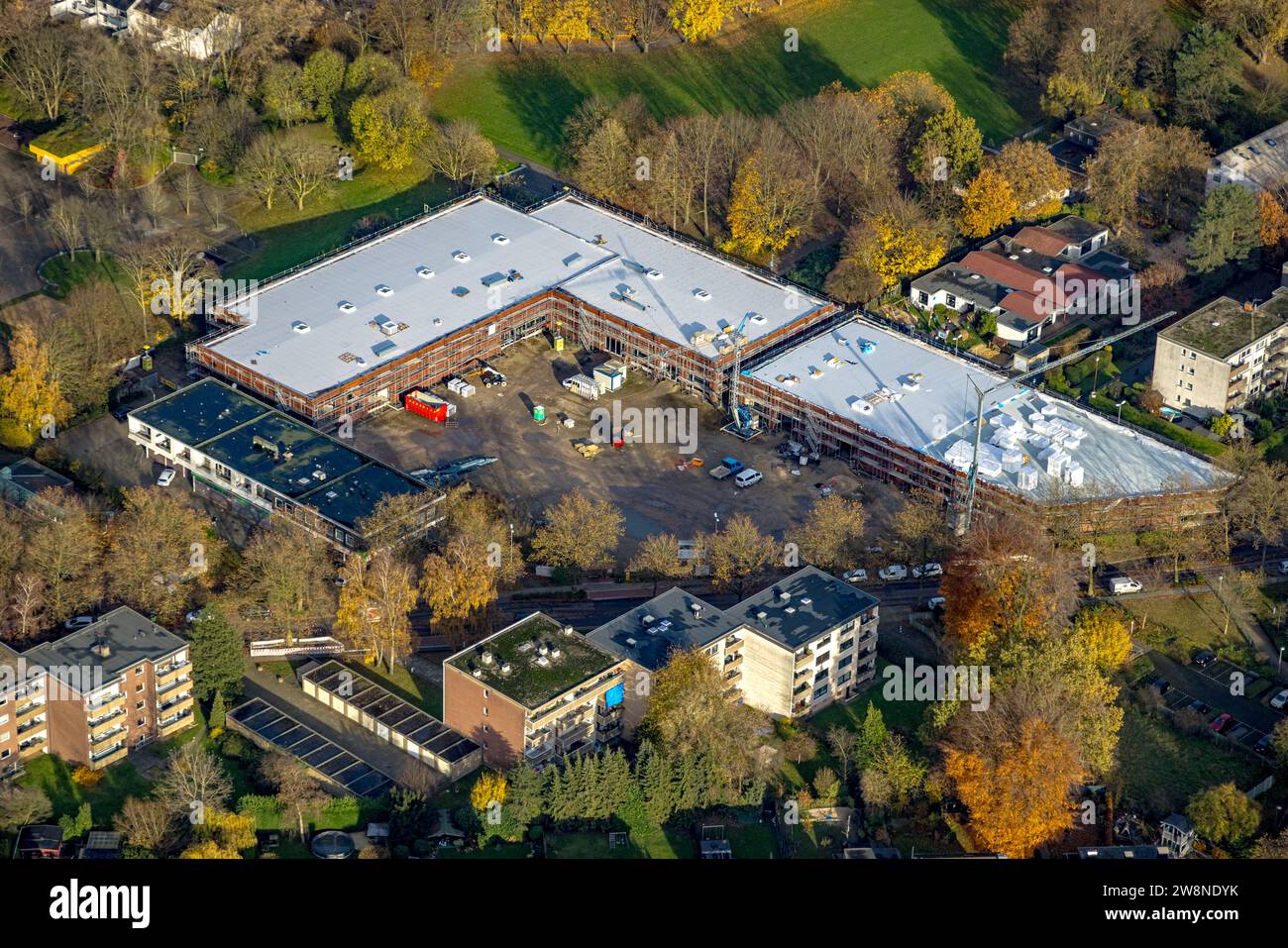 Aerial view, construction site with new shopping center Rentfort-Nord ...