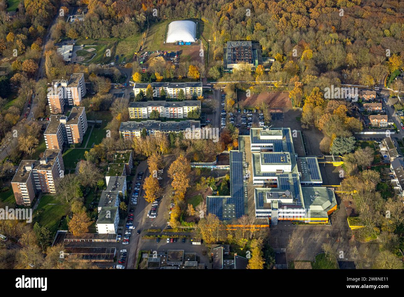 Aerial view, Ingeborg-Drewitz comprehensive school with solar roof, air ...