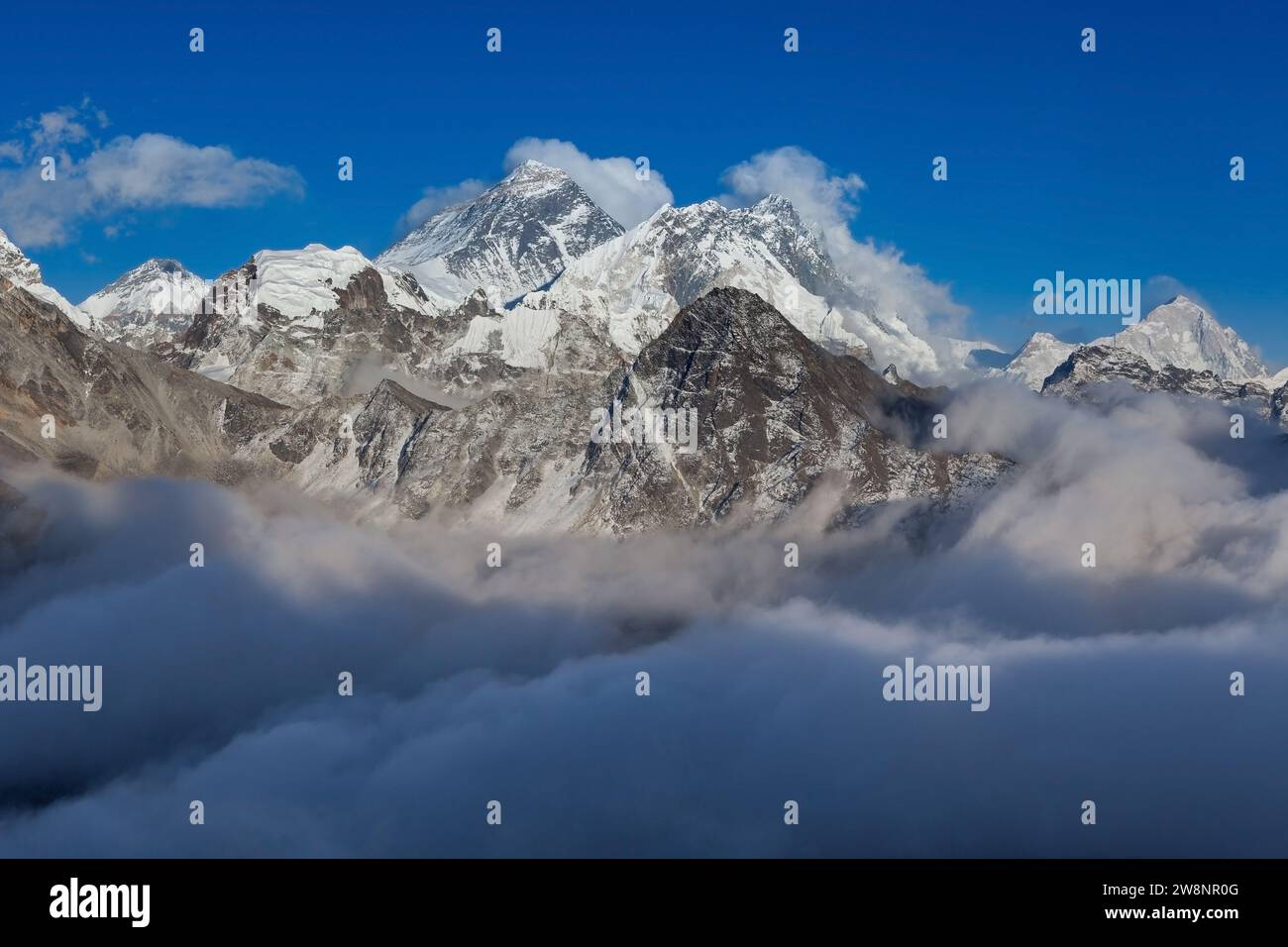 Mount Everest view from Gokyo Ri. Picturesque mountain valley filled ...