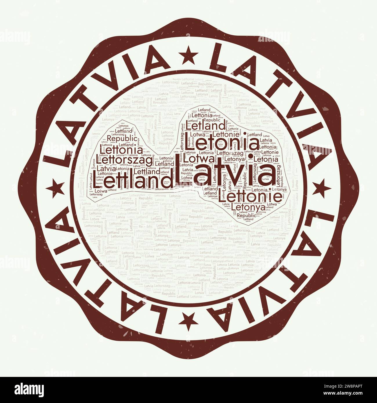 Latvia logo. Astonishing country badge with word cloud in the shape of Latvia. Round emblem with ...